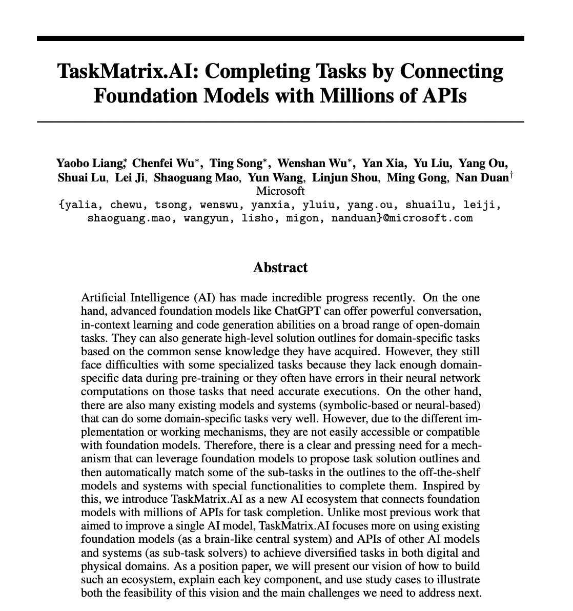 TaskMatrix.AI: Completing Tasks by Connecting Foundation Models with ... TaskMatrix.AI: Completing Tasks by Connecting Foundation Models with ...