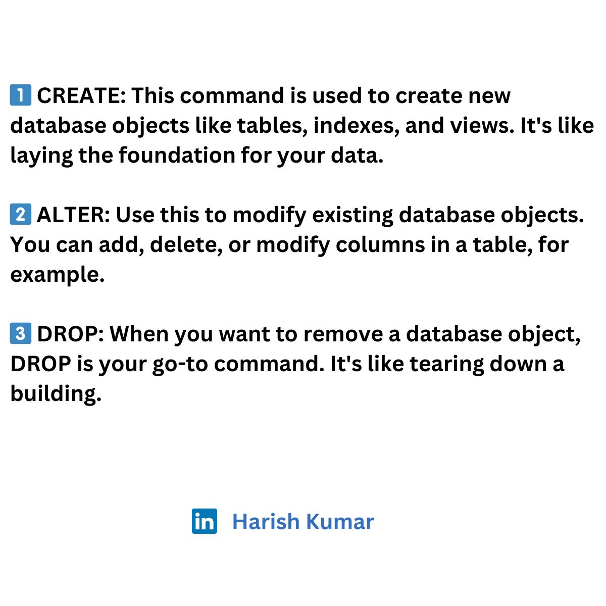 Harish Kumar on LinkedIn: #sql #datamanagement #database #ddl Harish Kumar on LinkedIn: #sql #datamanagement #database #ddl