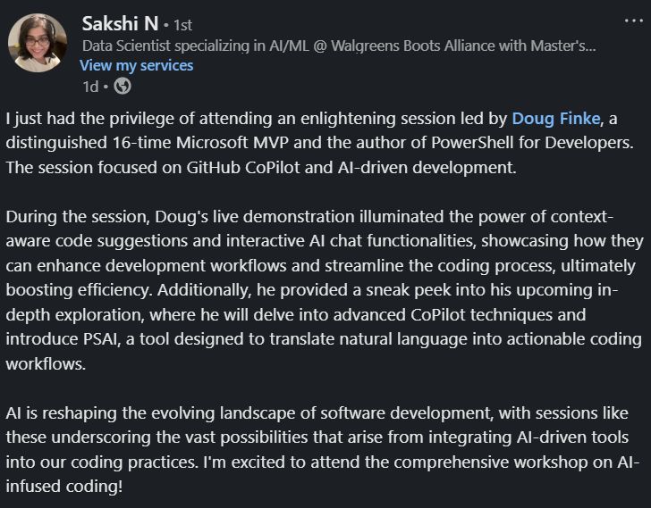 Doug Finke on LinkedIn: AI and VS @Code GitHub Copilot are changing the ... Doug Finke on LinkedIn: AI and VS @Code GitHub Copilot are changing the ...