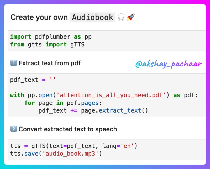 Akshay Pachaar on LinkedIn: Python is powerful! 🔥 You can an Audiobook ... Akshay Pachaar on LinkedIn: Python is powerful! 🔥 You can an Audiobook ...