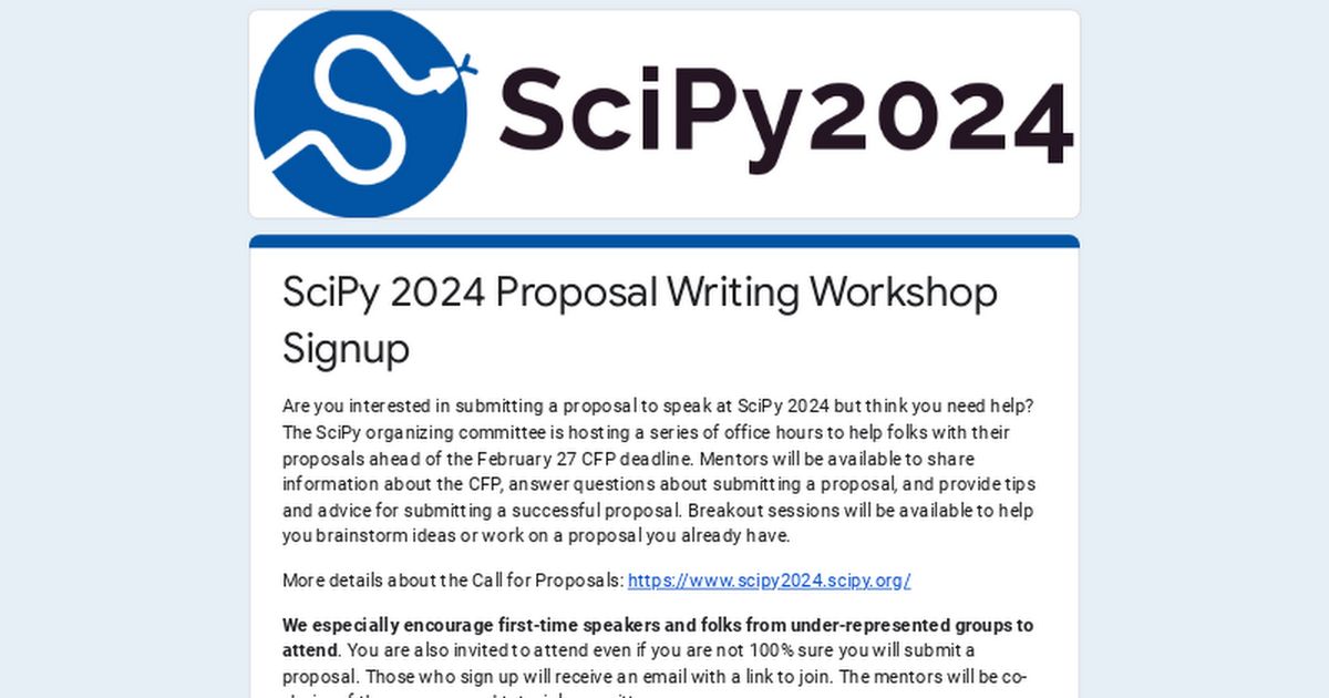 SciPy Conference on LinkedIn: SciPy 2024 Proposal Writing Workshop Signup SciPy Conference on LinkedIn: SciPy 2024 Proposal Writing Workshop Signup