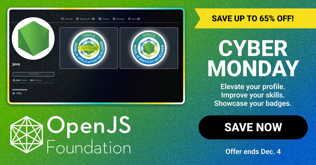 Node.js on LinkedIn: CYBER MONDAY 💚 Save up to 65% off Node.js ... Node.js on LinkedIn: CYBER MONDAY 💚 Save up to 65% off Node.js ...