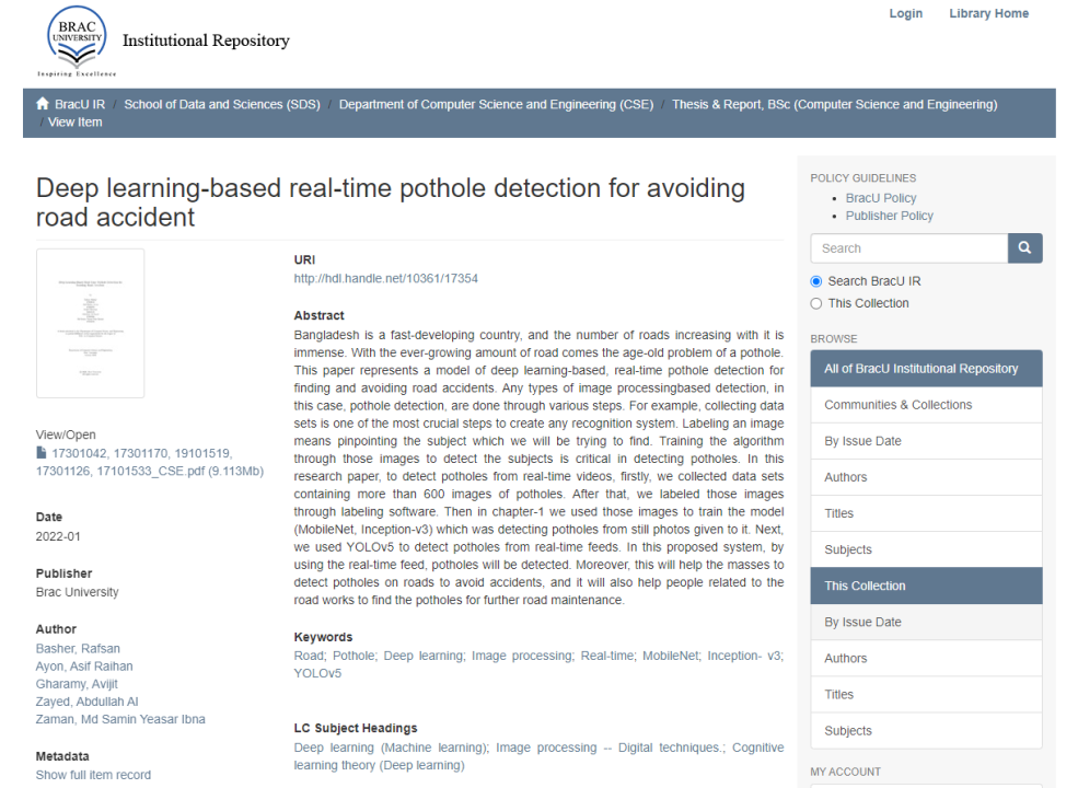 Deep learning-based real-time pothole detection for avoiding road accident Deep learning-based real-time pothole detection for avoiding road accident