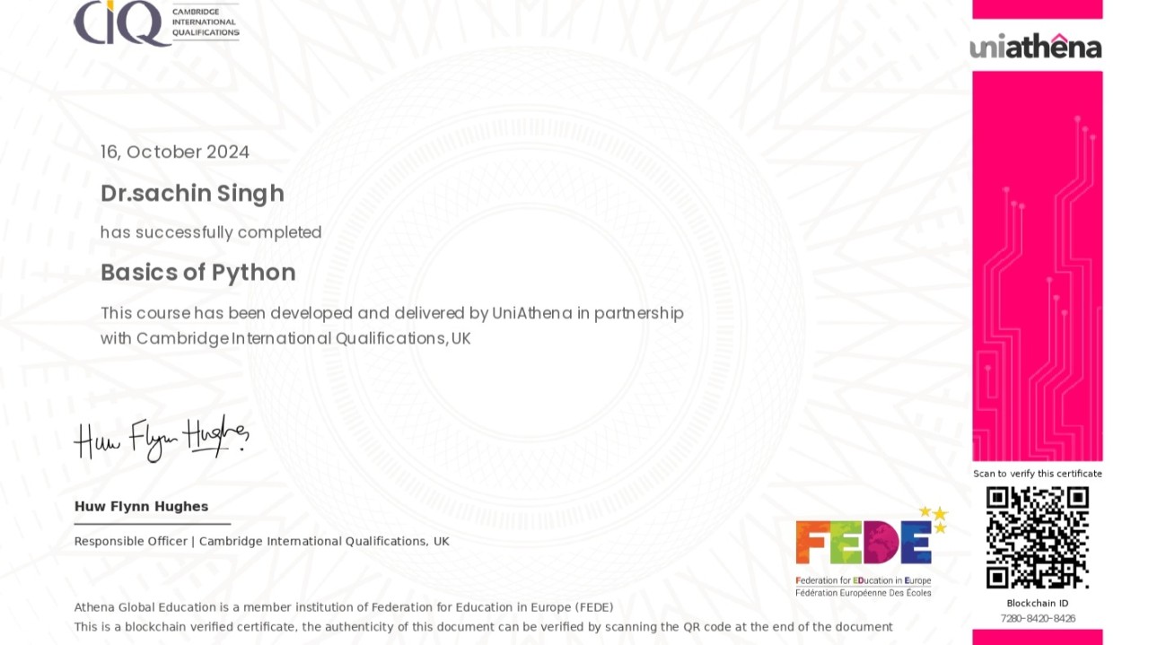 Completed Course on Basics of python Programming at Uniathena.. Completed Course on Basics of python Programming at Uniathena..
