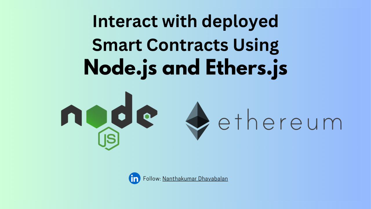 Interact with deployed Smart Contracts using NodeJs and Ethers.js Interact with deployed Smart Contracts using NodeJs and Ethers.js