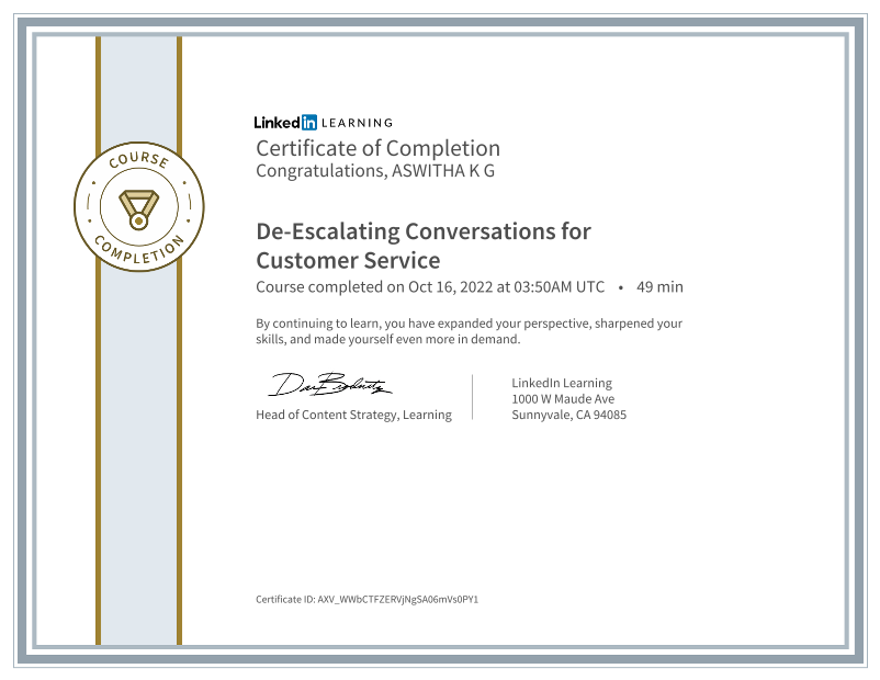 ASWITHA K G on LinkedIn: Certificate of Completion ASWITHA K G on LinkedIn: Certificate of Completion
