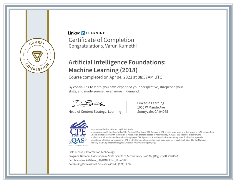 Varun Kumethi on LinkedIn: Certificate of Completion Varun Kumethi on LinkedIn: Certificate of Completion