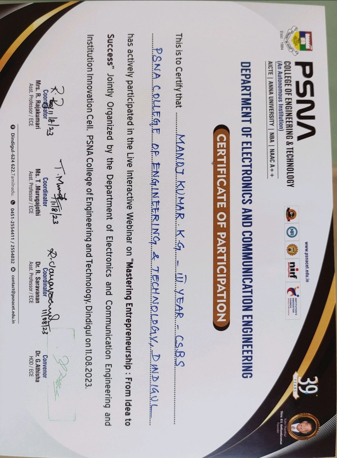 MANOJ KUMAR K G on LinkedIn: #psnacet #college #certification # ... MANOJ KUMAR K G on LinkedIn: #psnacet #college #certification # ...