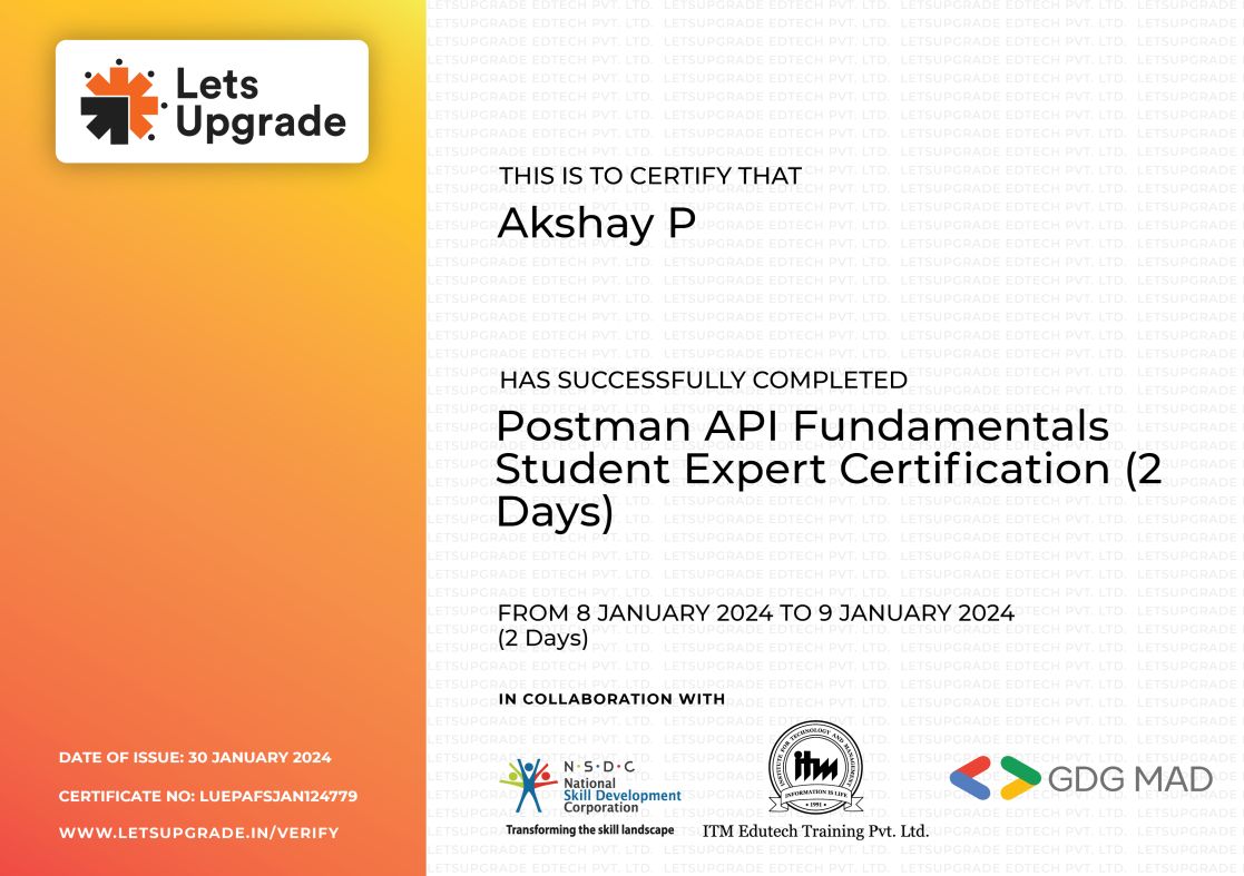 Akshay P on LinkedIn: #api #letsupgrade #certification #techskills # ... Akshay P on LinkedIn: #api #letsupgrade #certification #techskills # ...