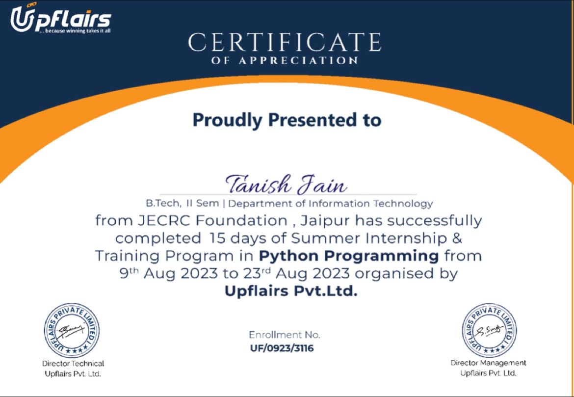 Tanish Jain on LinkedIn: #pythonprogramming #internshipcomplete Tanish Jain on LinkedIn: #pythonprogramming #internshipcomplete
