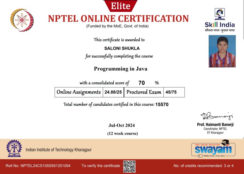 Saloni Shukla on LinkedIn: #nptel #certificate #java #programminginjava Saloni Shukla on LinkedIn: #nptel #certificate #java #programminginjava