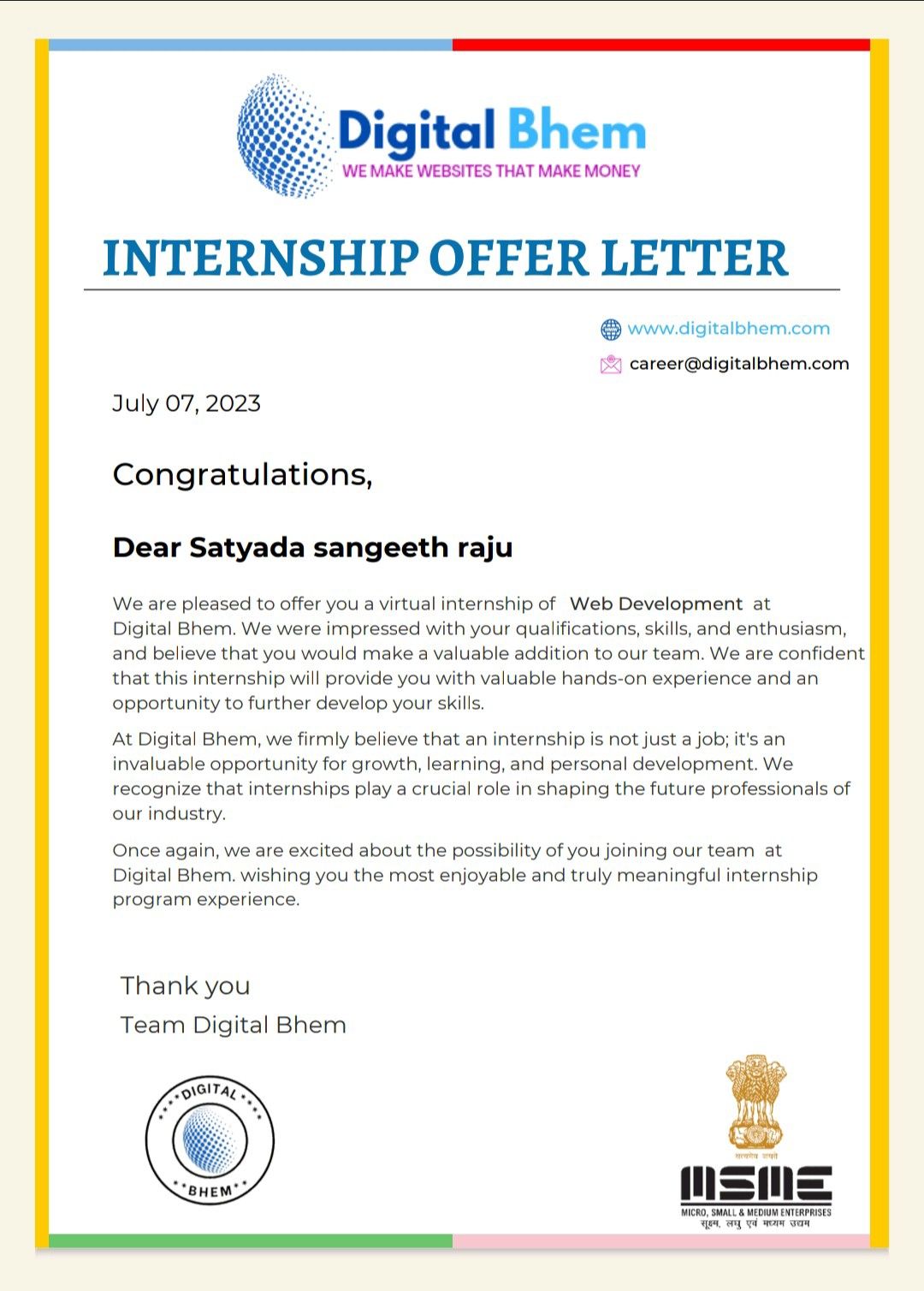 Sangeeth Satyada on LinkedIn: #digitalbhem #webdevelopment #internship Sangeeth Satyada on LinkedIn: #digitalbhem #webdevelopment #internship