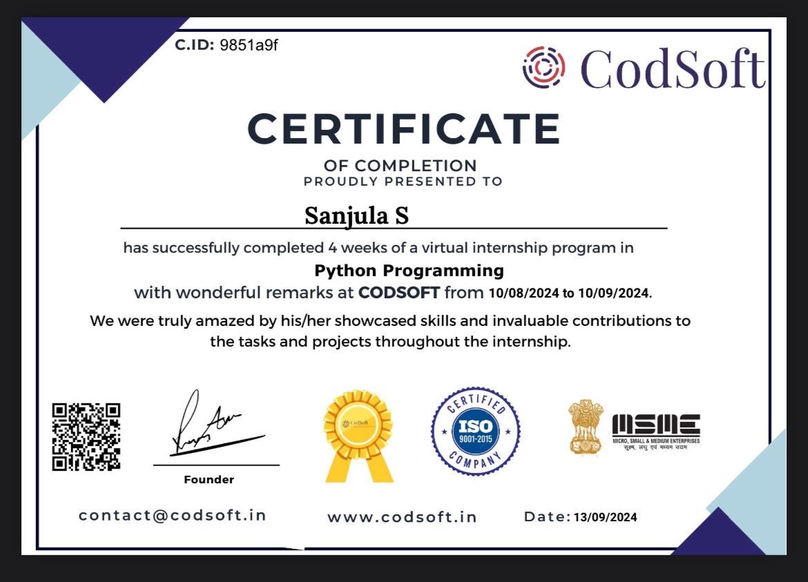 Finished 4 week internship at CodSoft in python | Sanjula S posted on ... Finished 4 week internship at CodSoft in python | Sanjula S posted on ...