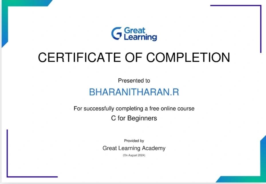 BHARANI THARAN R on LinkedIn: #skillup #cprogramming #greatlearning BHARANI THARAN R on LinkedIn: #skillup #cprogramming #greatlearning