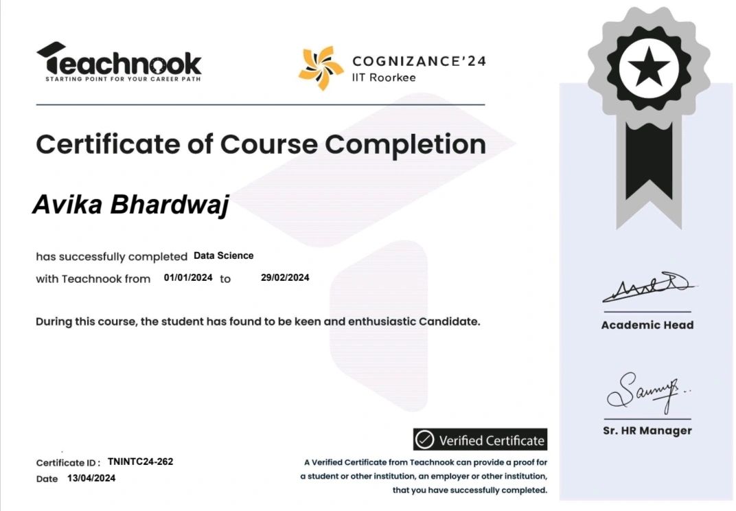 Avika Bhardwaj on LinkedIn: #datascience #teachnook #coursecompletion Avika Bhardwaj on LinkedIn: #datascience #teachnook #coursecompletion