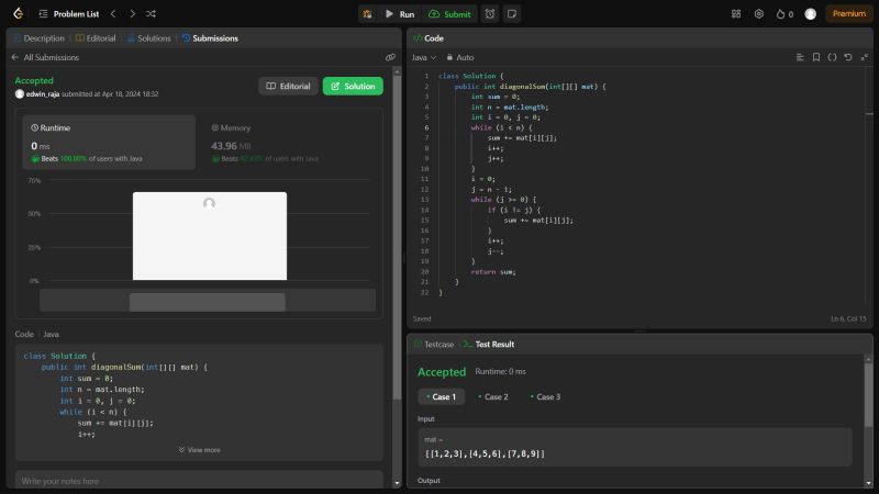 Edwin raja on LinkedIn: 🚀 Day 26: Matrix Diagonal Sum (1572) Today's ... Edwin raja on LinkedIn: 🚀 Day 26: Matrix Diagonal Sum (1572) Today's ...