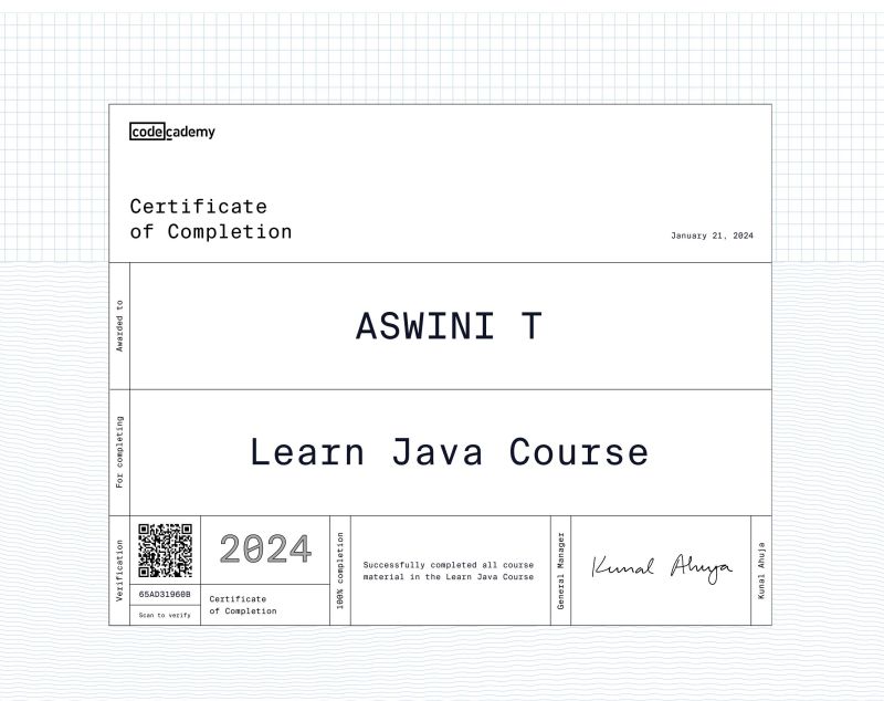 Completed Java programming course on Codecademy | ASHWINI T posted on ... Completed Java programming course on Codecademy | ASHWINI T posted on ...