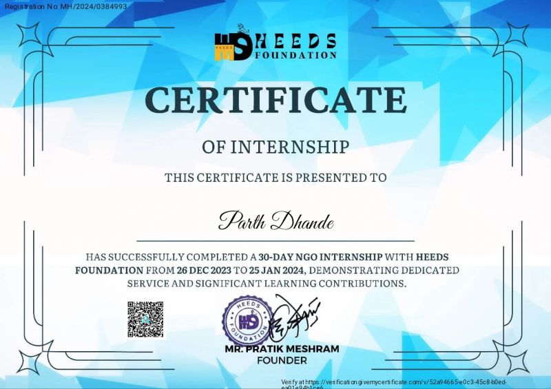 PARTH DHANDE on LinkedIn: #heedsfoundation #internshipcompletion # ... PARTH DHANDE on LinkedIn: #heedsfoundation #internshipcompletion # ...