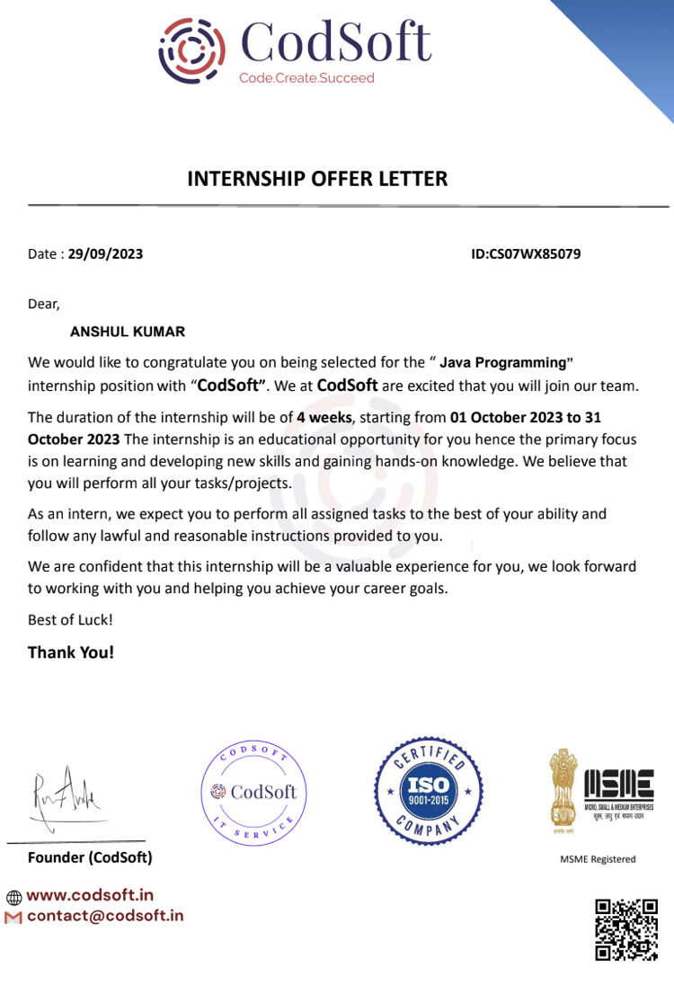 Anshul Kumar on LinkedIn: #internship #codsoft #intern Anshul Kumar on LinkedIn: #internship #codsoft #intern