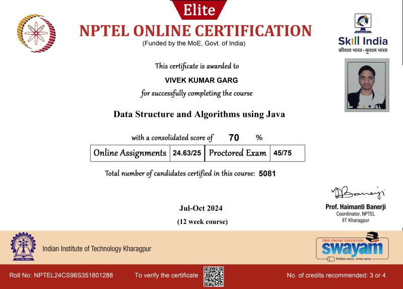 Vivek Kumar garg on LinkedIn: #dsa #java #elitecertificate #nptel # ... Vivek Kumar garg on LinkedIn: #dsa #java #elitecertificate #nptel # ...