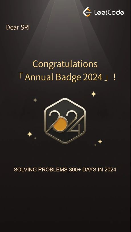 Thrilled to share that I’ve successfully achieved the LeetCode 2024 ... Thrilled to share that I’ve successfully achieved the LeetCode 2024 ...