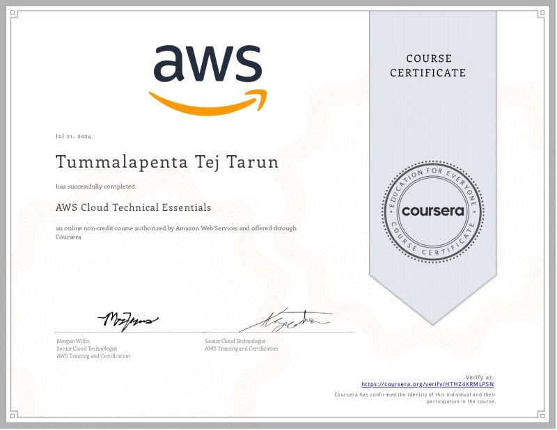 Completed AWS course on Coursera | Tej Tarun Tummalapenta posted on the ... Completed AWS course on Coursera | Tej Tarun Tummalapenta posted on the ...