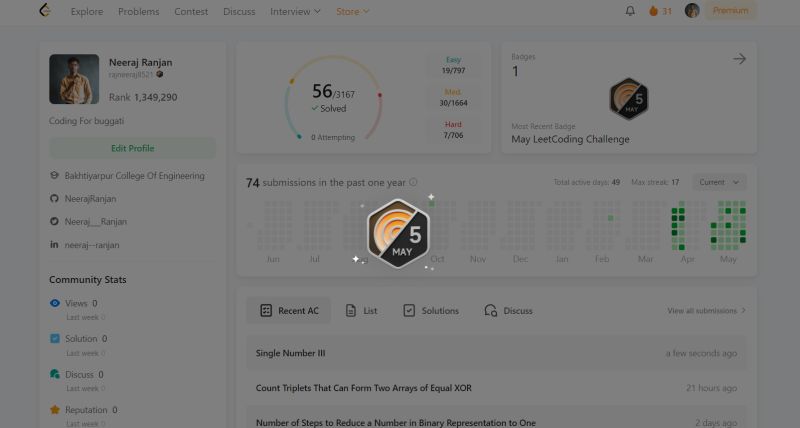 Neeraj Ranjan on LinkedIn: #leetcode #badge Neeraj Ranjan on LinkedIn: #leetcode #badge