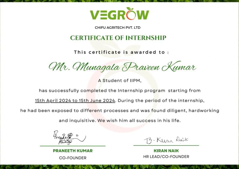 Munagala Praveen Kumar on LinkedIn: #iipmb #internship #vegrow # ... Munagala Praveen Kumar on LinkedIn: #iipmb #internship #vegrow # ...