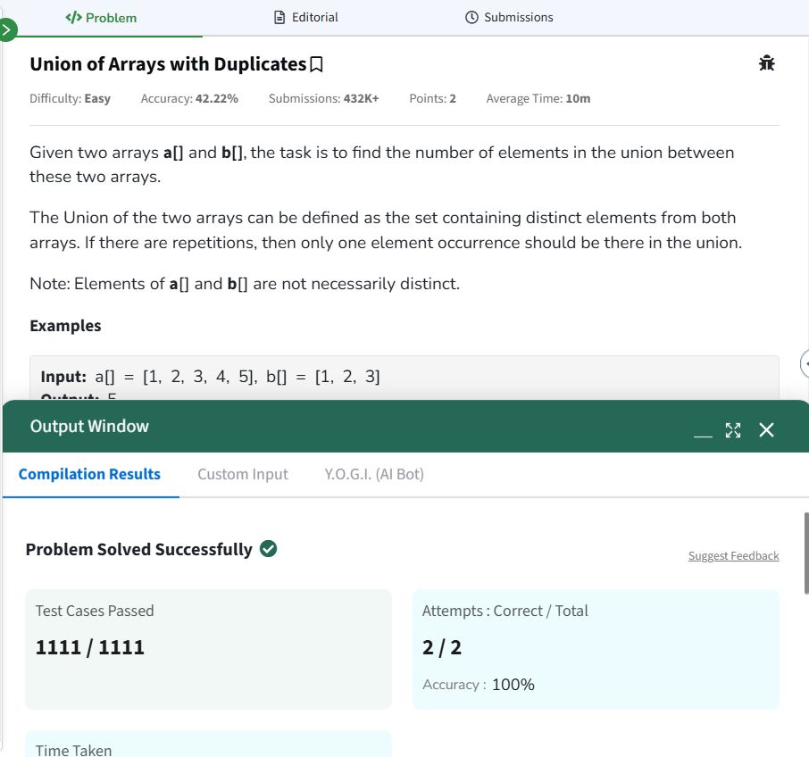 Day 46 of GFG 160 Challenge: Union of Arrays with Duplicates | Guddu ... Day 46 of GFG 160 Challenge: Union of Arrays with Duplicates | Guddu ...