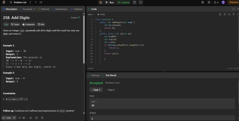 🔢 Solved the LeetCode problem 'Add Digits' using a recursive approach ... 🔢 Solved the LeetCode problem 'Add Digits' using a recursive approach ...