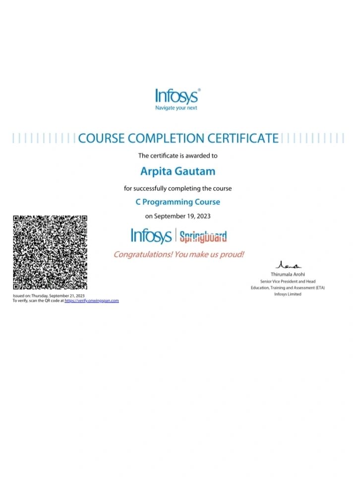 Arpita Gautam on LinkedIn: #infosysspringboard #certificationcourse Arpita Gautam on LinkedIn: #infosysspringboard #certificationcourse