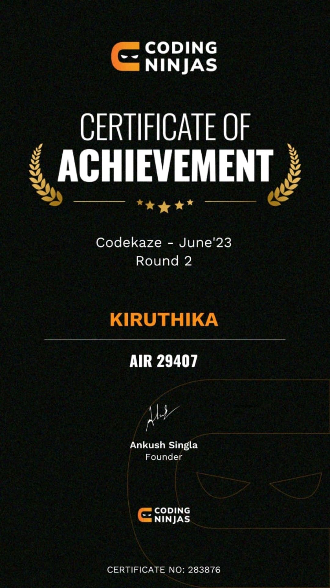 Kiruthika M on LinkedIn: Coding Ninja's Achievement Certificate Kiruthika M on LinkedIn: Coding Ninja's Achievement Certificate