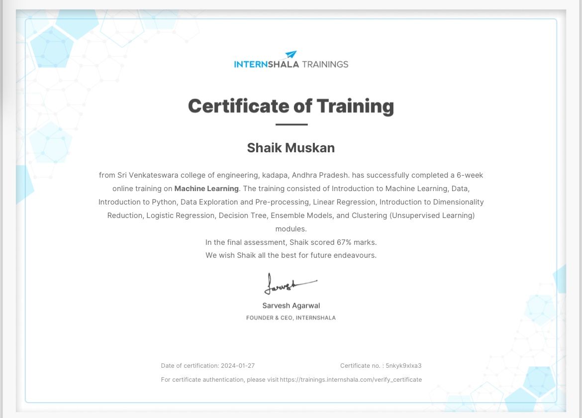 Muskaan Shaik on LinkedIn: Completed machine learning course from ... Muskaan Shaik on LinkedIn: Completed machine learning course from ...