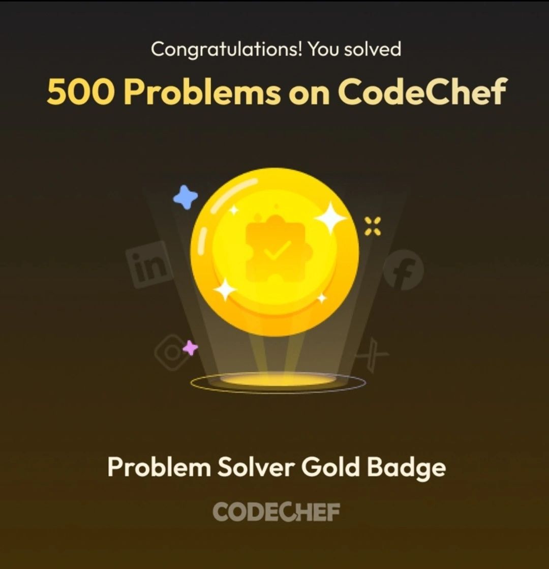 Completed 500+ CodeChef problems! | Ayushi Shukla posted on the topic ... Completed 500+ CodeChef problems! | Ayushi Shukla posted on the topic ...