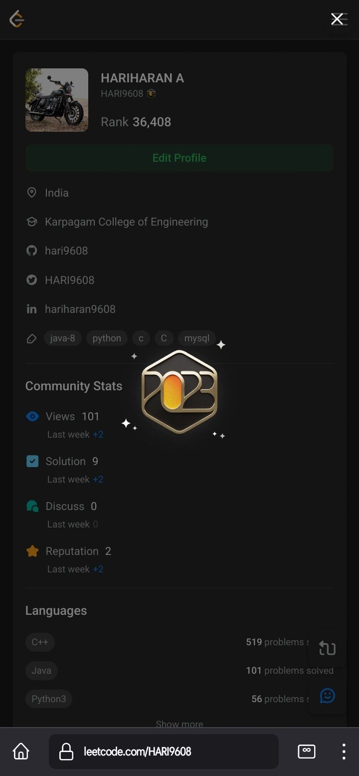 HARIHARAN ARUMUGAM on LinkedIn: #2023awards #leetcode2023 # ... HARIHARAN ARUMUGAM on LinkedIn: #2023awards #leetcode2023 # ...