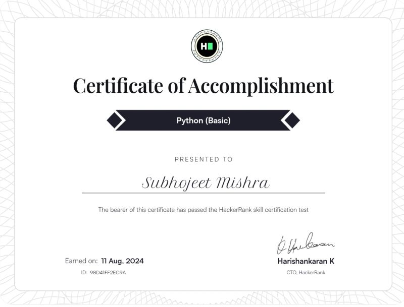 Subhojeet Mishra on LinkedIn: #hackerrank #python #coding #certification Subhojeet Mishra on LinkedIn: #hackerrank #python #coding #certification
