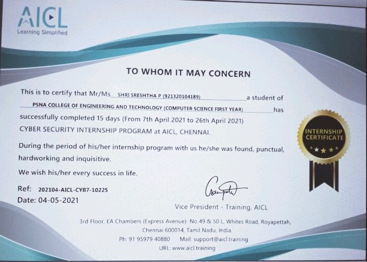SHRI SRESHTHA P on LinkedIn: Internship at AICL SHRI SRESHTHA P on LinkedIn: Internship at AICL