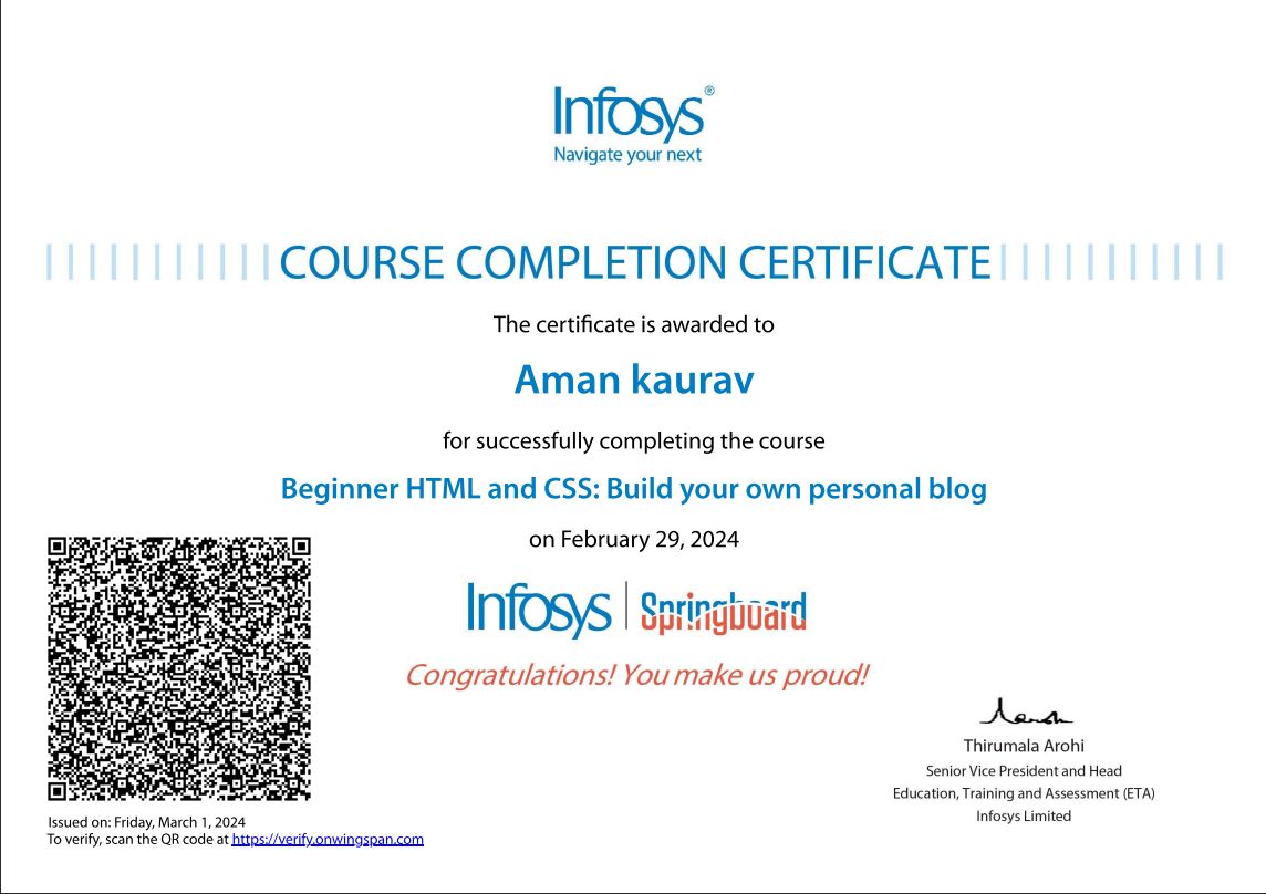 Aman kaurav on LinkedIn: #html #css #infosys #webdevelopment #certification Aman kaurav on LinkedIn: #html #css #infosys #webdevelopment #certification