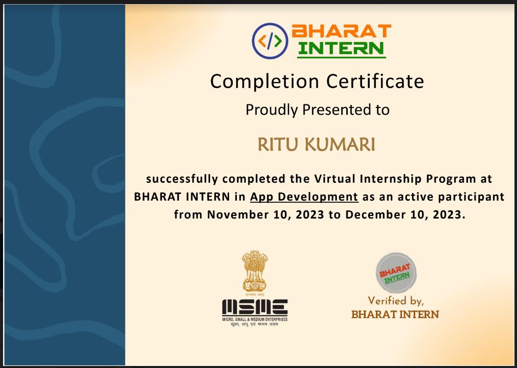 RITU KUMARI on LinkedIn: #bharatintern #appdeveloper #internship RITU KUMARI on LinkedIn: #bharatintern #appdeveloper #internship