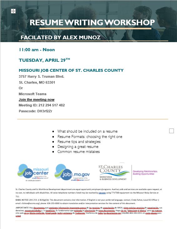 Do you need support with creating/updating your resume? Please join us ... Do you need support with creating/updating your resume? Please join us ...