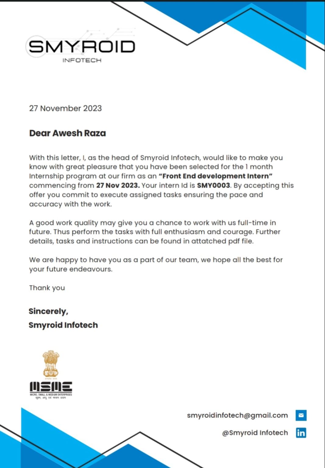 MD AWESH RAZA on LinkedIn: Feeling happy!!! to be selected by Smyroid ... MD AWESH RAZA on LinkedIn: Feeling happy!!! to be selected by Smyroid ...