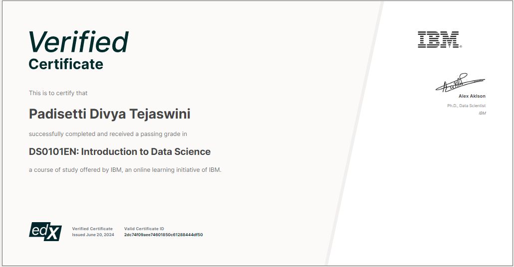 Completion of Data Science course by IBM | Divya Padisetti posted on ... Completion of Data Science course by IBM | Divya Padisetti posted on ...