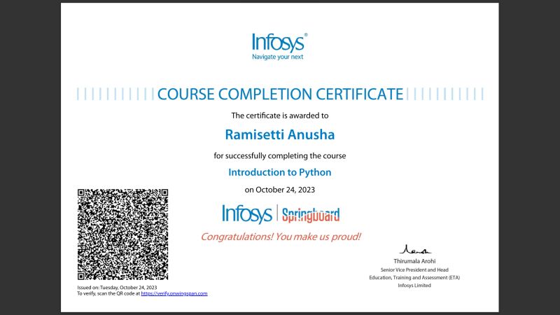 Ramisetti Anusha on LinkedIn: #python #certified #infosysspringboard Ramisetti Anusha on LinkedIn: #python #certified #infosysspringboard