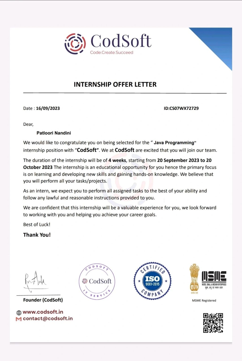 PATLORY NANDINI on LinkedIn: #codsoft #internship PATLORY NANDINI on LinkedIn: #codsoft #internship