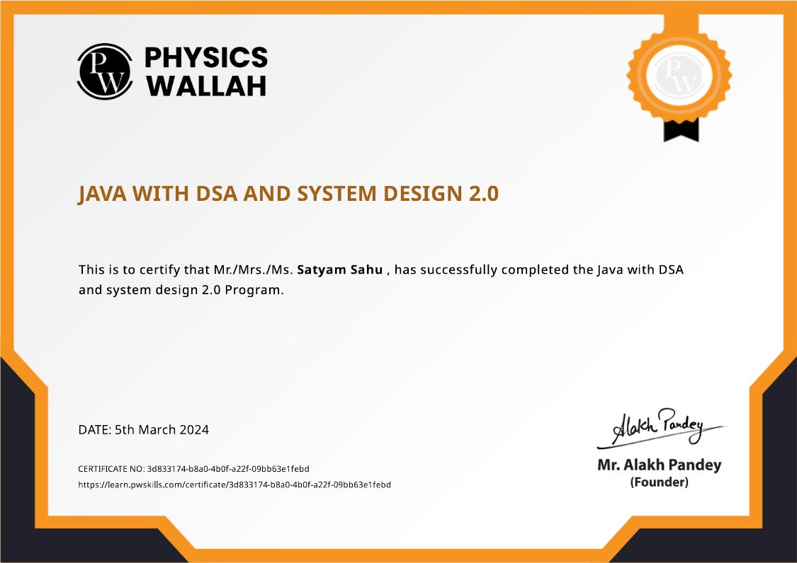 Completed Java with DSA and System Design Program | Satyam Sahu posted ... Completed Java with DSA and System Design Program | Satyam Sahu posted ...