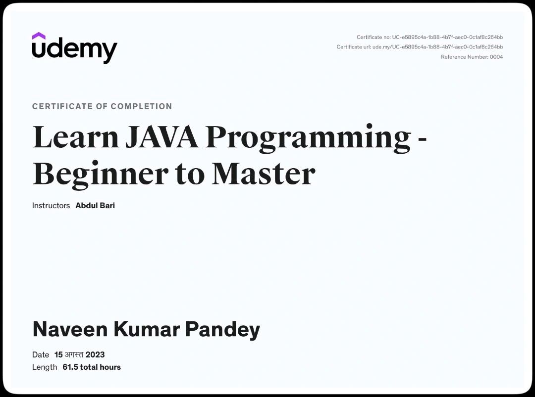 Earned java programming language certification from Udemy | Naveen ... Earned java programming language certification from Udemy | Naveen ...