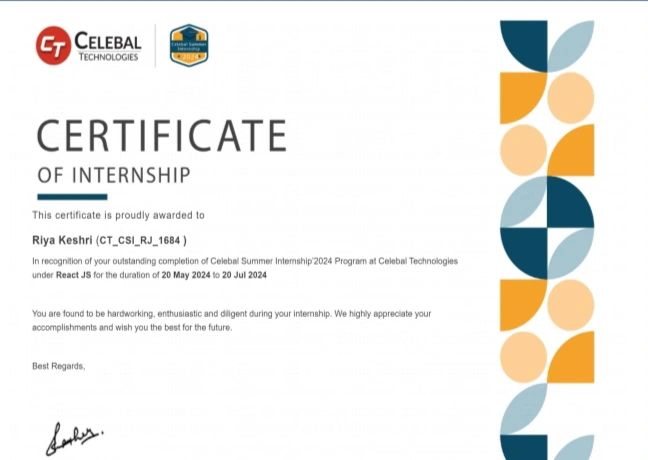 Riya Keshri on LinkedIn: #internship #reactjs #celebaltechnologies # ... Riya Keshri on LinkedIn: #internship #reactjs #celebaltechnologies # ...