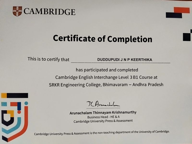 Keerthika Duddupudi on LinkedIn: #cambridgecertified # ... Keerthika Duddupudi on LinkedIn: #cambridgecertified # ...