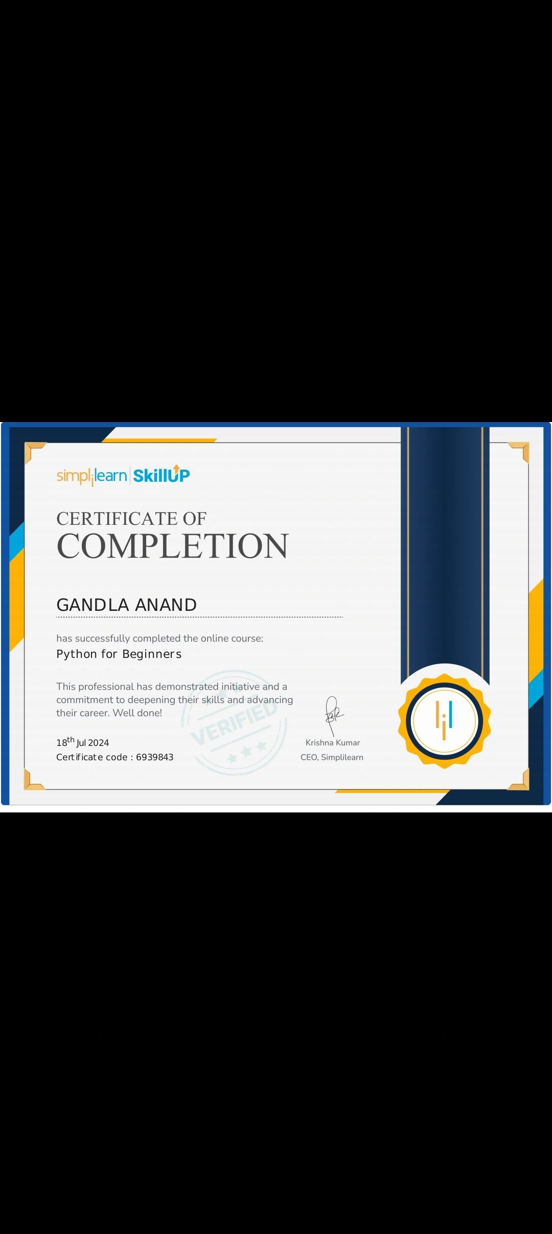 Anand Gandla on LinkedIn: certificate of verification in python Anand Gandla on LinkedIn: certificate of verification in python