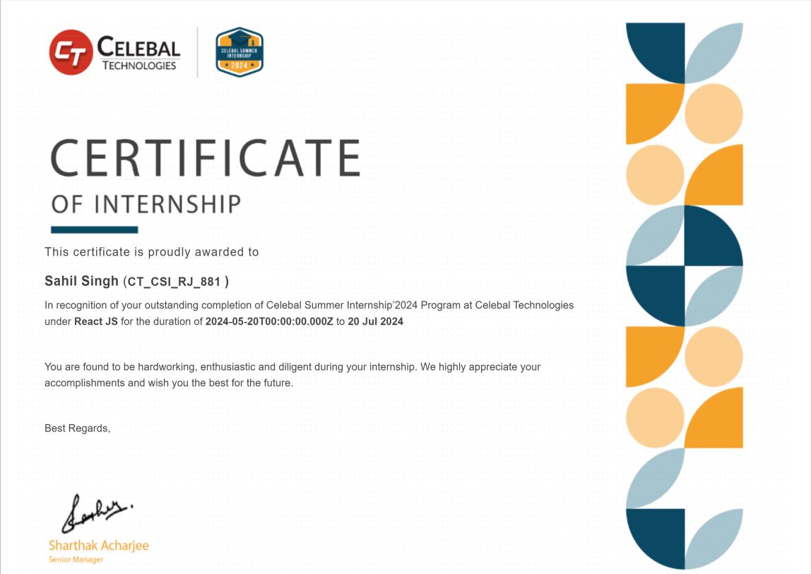 #internship #celebal #celebaltechnologies #reactjs | Sahil Singh #internship #celebal #celebaltechnologies #reactjs | Sahil Singh